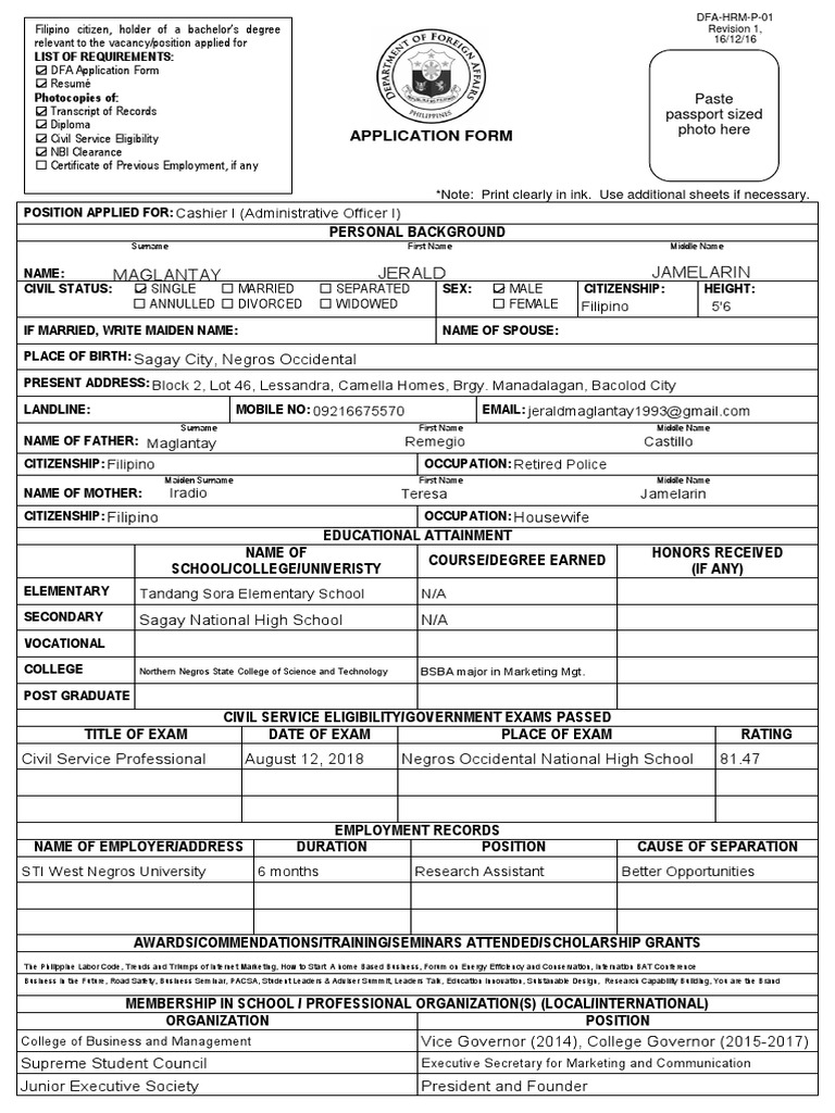 Department of Foreign Affairs Application Form | PDF | Employment ...