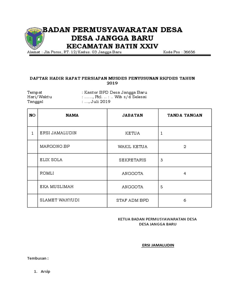 Daftar Hadir Rapat BPD | PDF