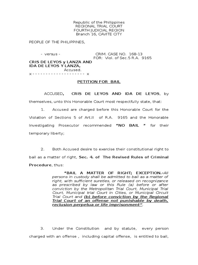 Petition For Bail de Leyos | PDF | Bail | Criminal Procedure In South ...