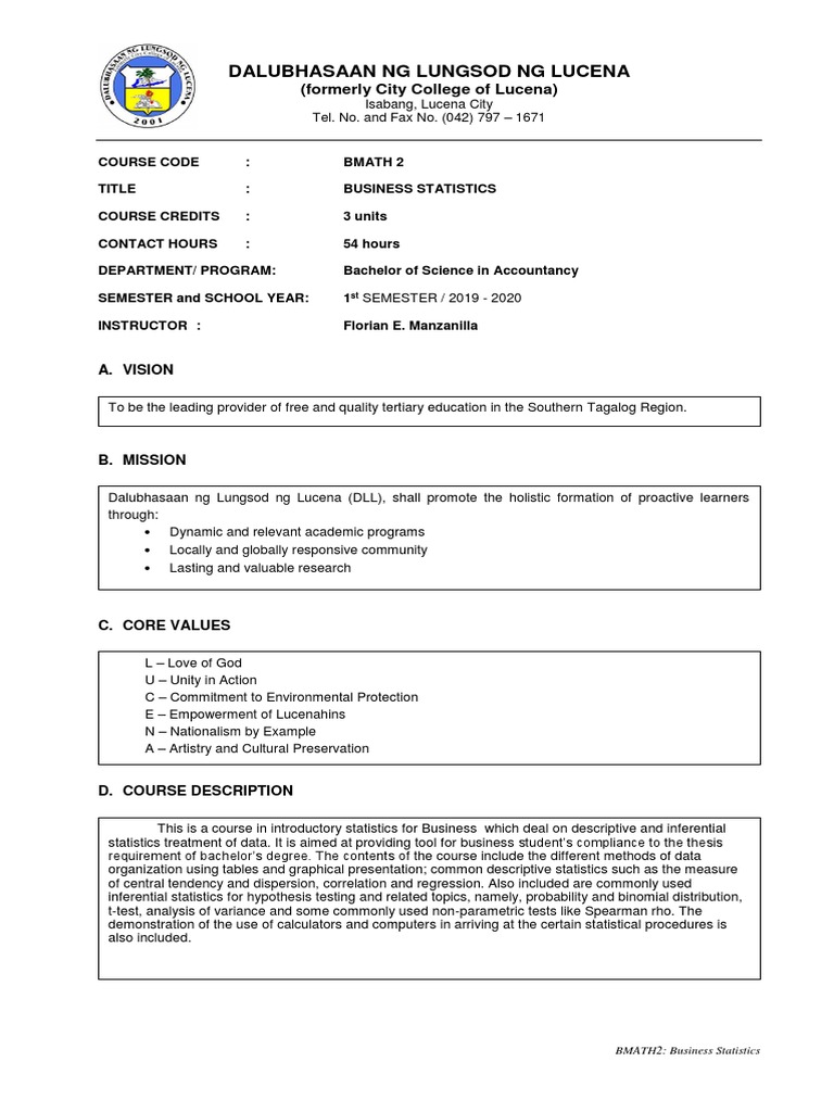 BSA Business Statistics Course Syllabus For Editing | PDF | Statistics ...
