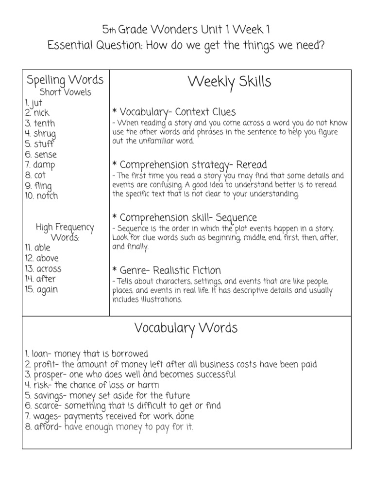 5th Grade Wonders Unit 1 Week 1 Guide | PDF | Language Arts ...