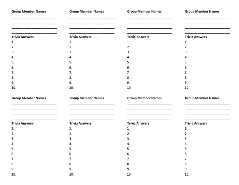 Answer Sheet Template Family Trivia Answer Sheets Printable For