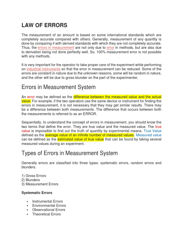 Law of Errors: Errors in Measurement System | PDF | Observational Error ...