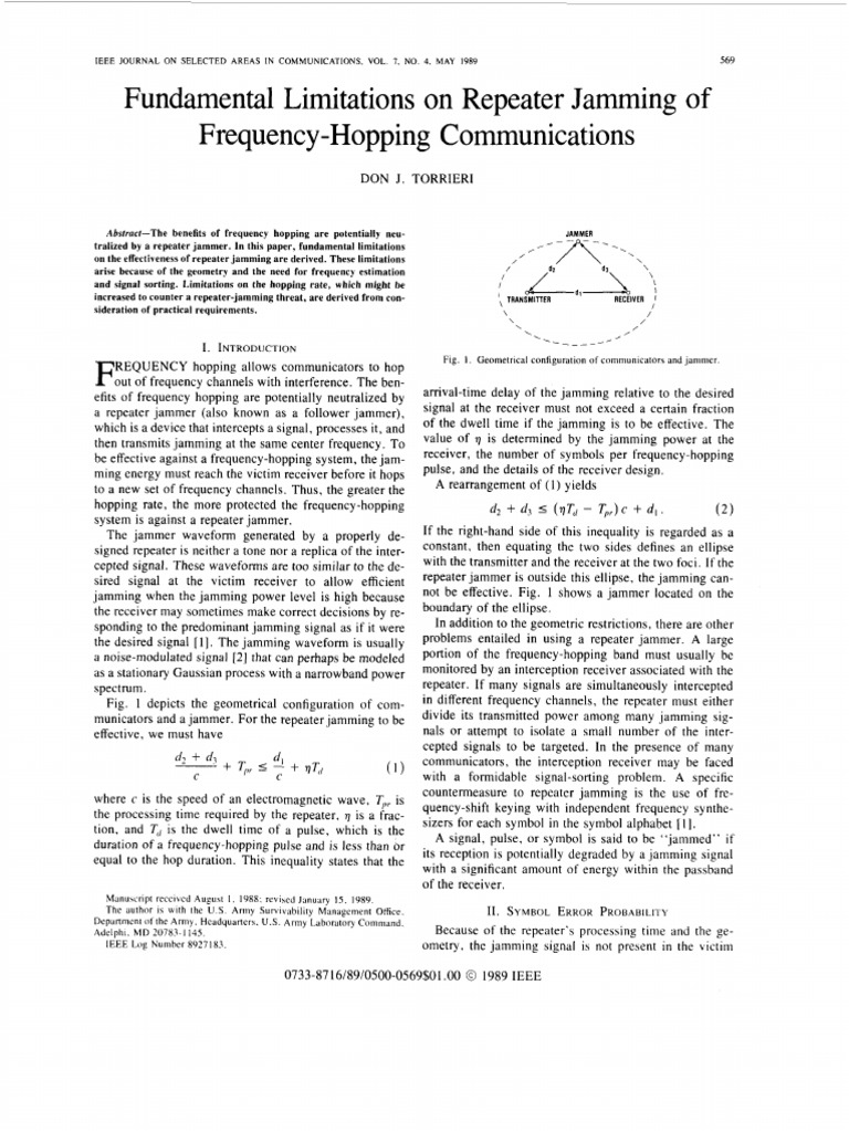 Fundamental Limitations On Repeater Jamrmng Frequency-Hopping Communications | PDF | Transmitter ...