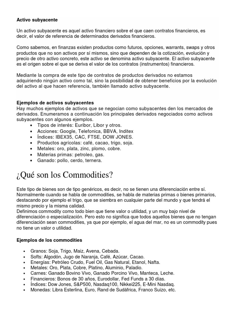 Definición y Ejemplos de Activos Subyacentes | PDF | Swap (Finanzas ...