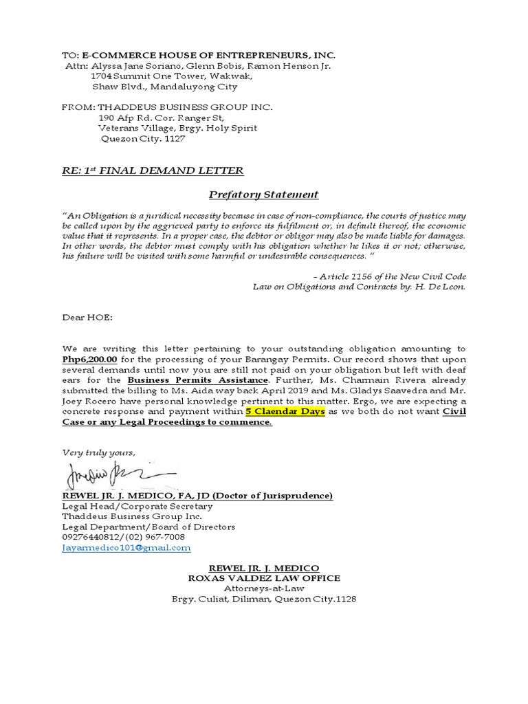 1st Final Demand Letter (HOE) | PDF | Business | Finance & Money Management