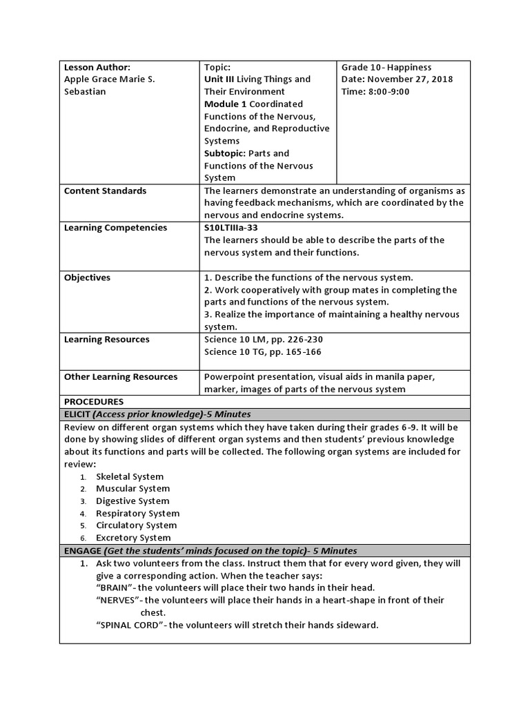 7E Lesson Plan On Nervous System | PDF | Central Nervous System ...