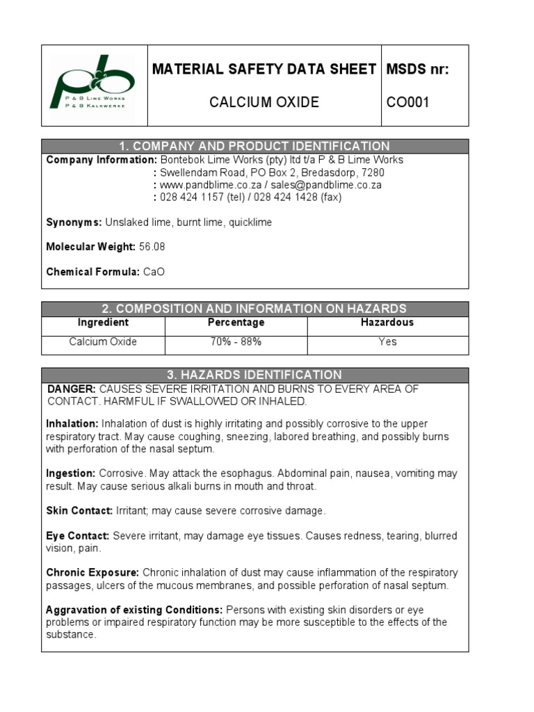 Material Safety Data Sheet MSDS NR:: Calcium Oxide CO001 | PDF ...