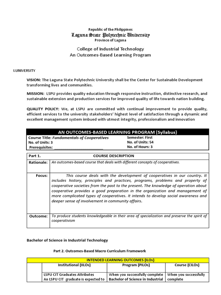 OBE Syllabus in Fundamentals of Cooperative | PDF | Cooperative | Learning