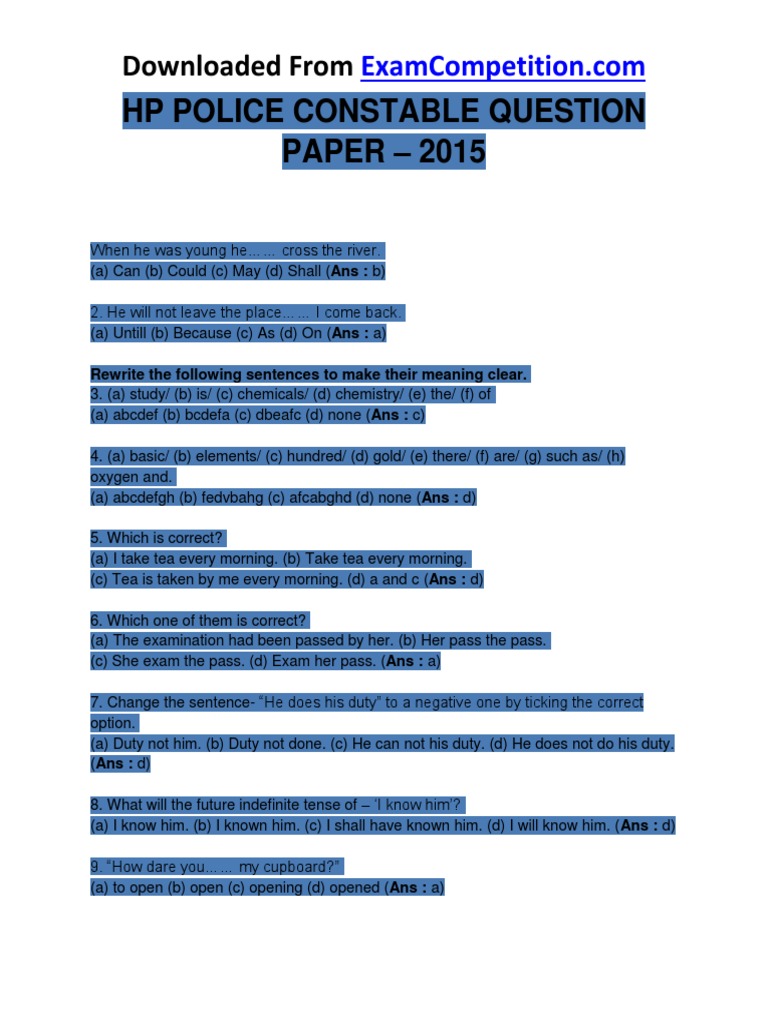 HP Police Constable Exam Question Paper | PDF | Onomastics | Language Mechanics