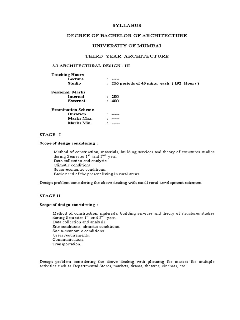 Syllabus Degree of Bachelor of Architecture University of Mumbai Third ...