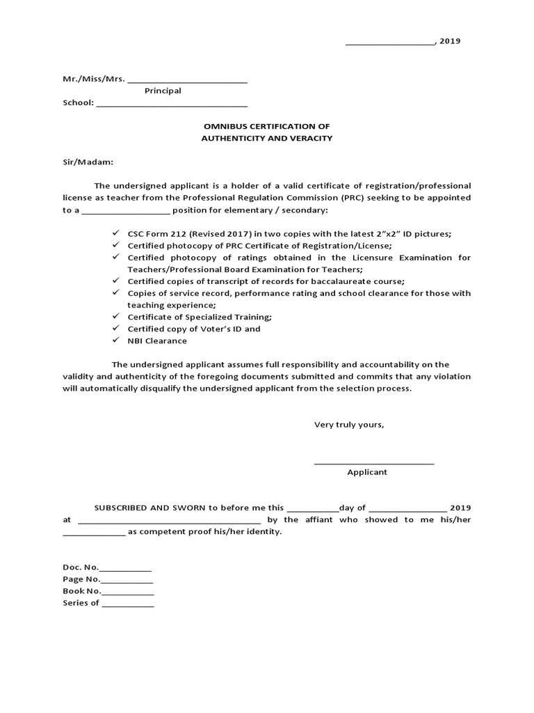Omnibus Certification of Authenticity and Veracity | PDF | Business ...