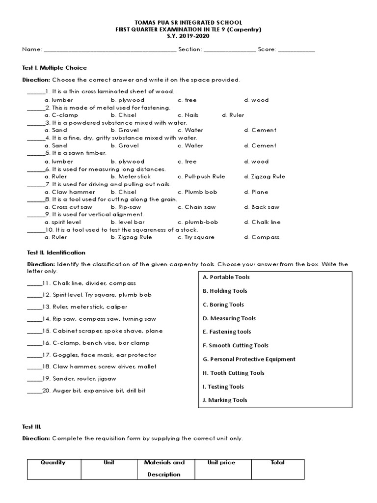TLE 9 1st Quarter Exam With Answer Key | PDF | Wood | Lumber