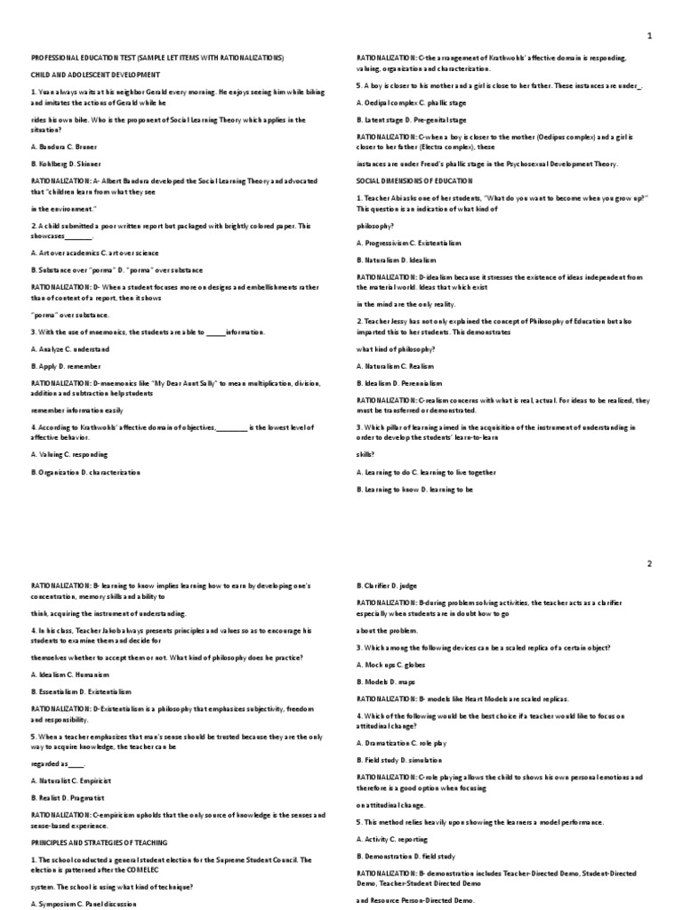 Professional Education Test | PDF | Constructivism (Philosophy Of ...