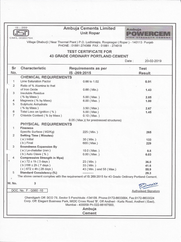 MTC Opc 43 Grade Ambuja | PDF