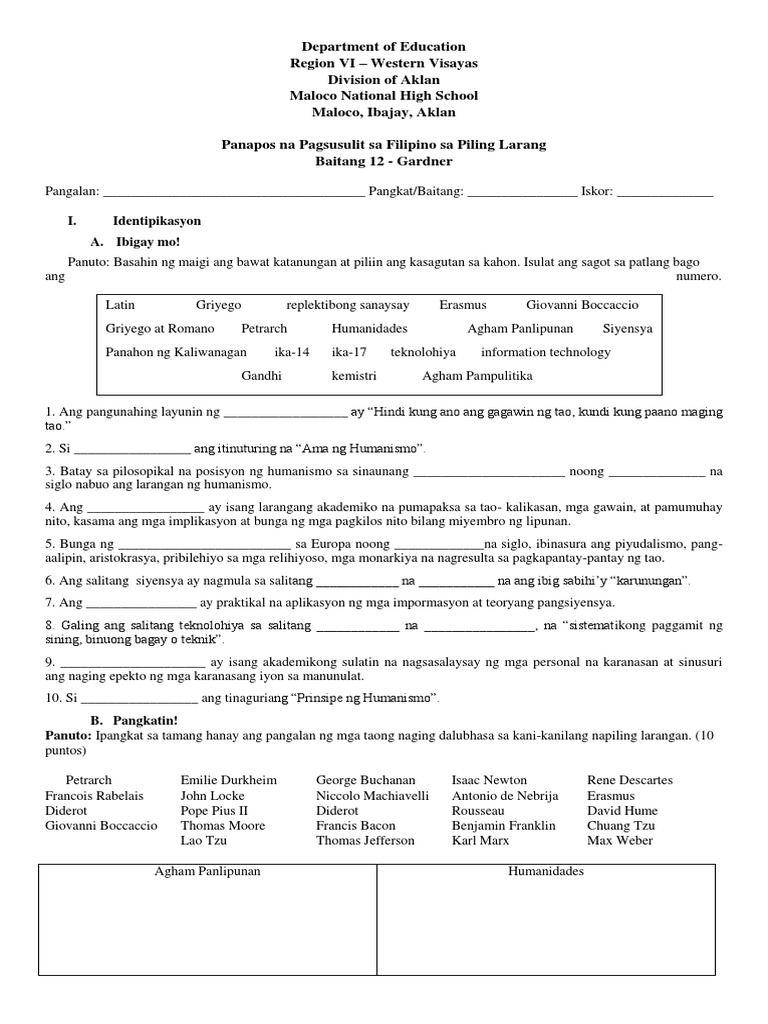 Huling Pagsusulit Sa Filipino Sa Piling Larang | PDF