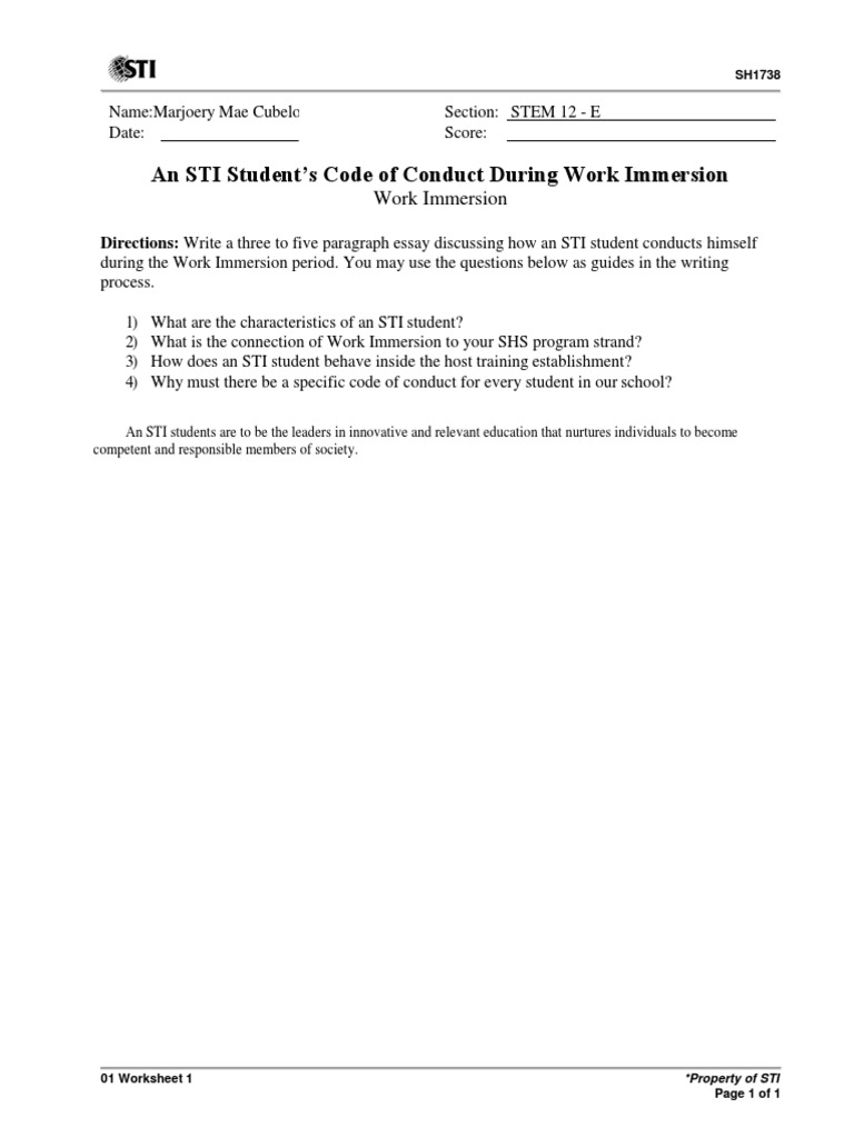01 Worksheet 1 Code of Conduct During Work Immersion1 | PDF ...
