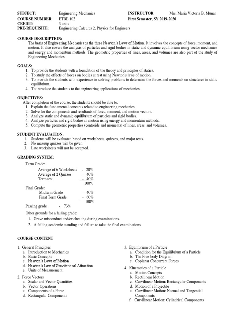 Engineering Mechanics Course Overview | PDF | Force | Momentum