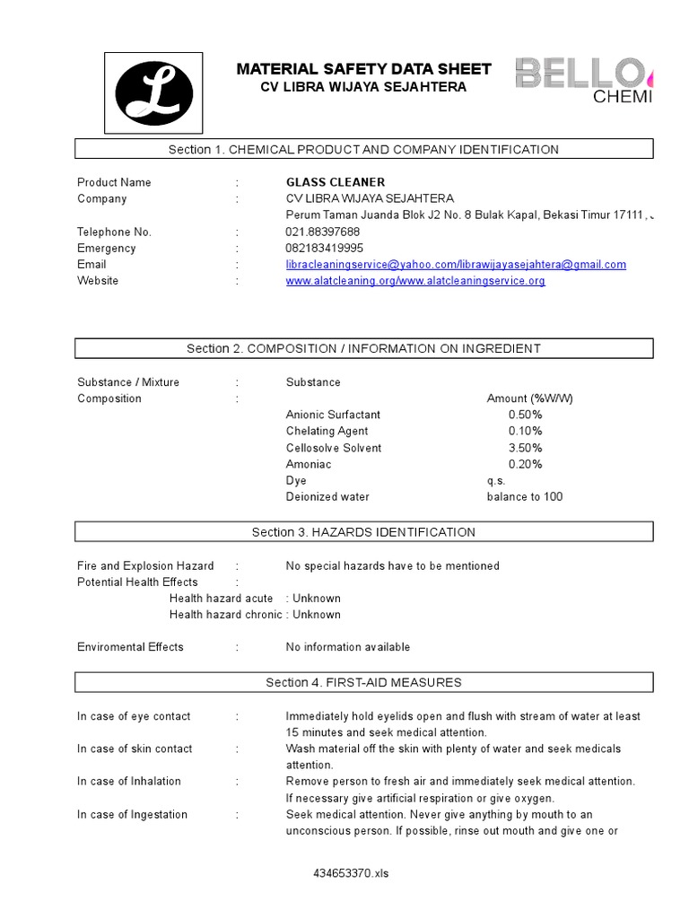 MSDS Glass Cleaner | PDF | Water | Chemistry