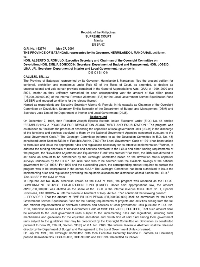 Batangas V Romulo | PDF | Standing (Law) | Devolution