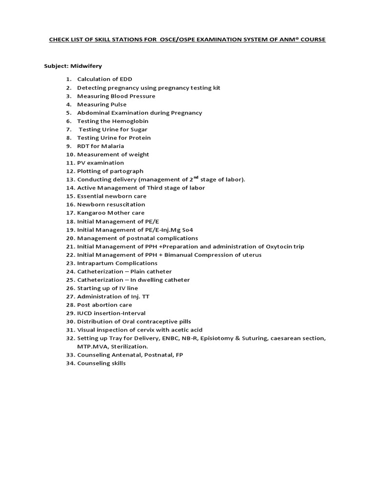 Check List of Skill Stations For Osce/Ospe Examination System of Anm® Course | PDF | Childbirth ...