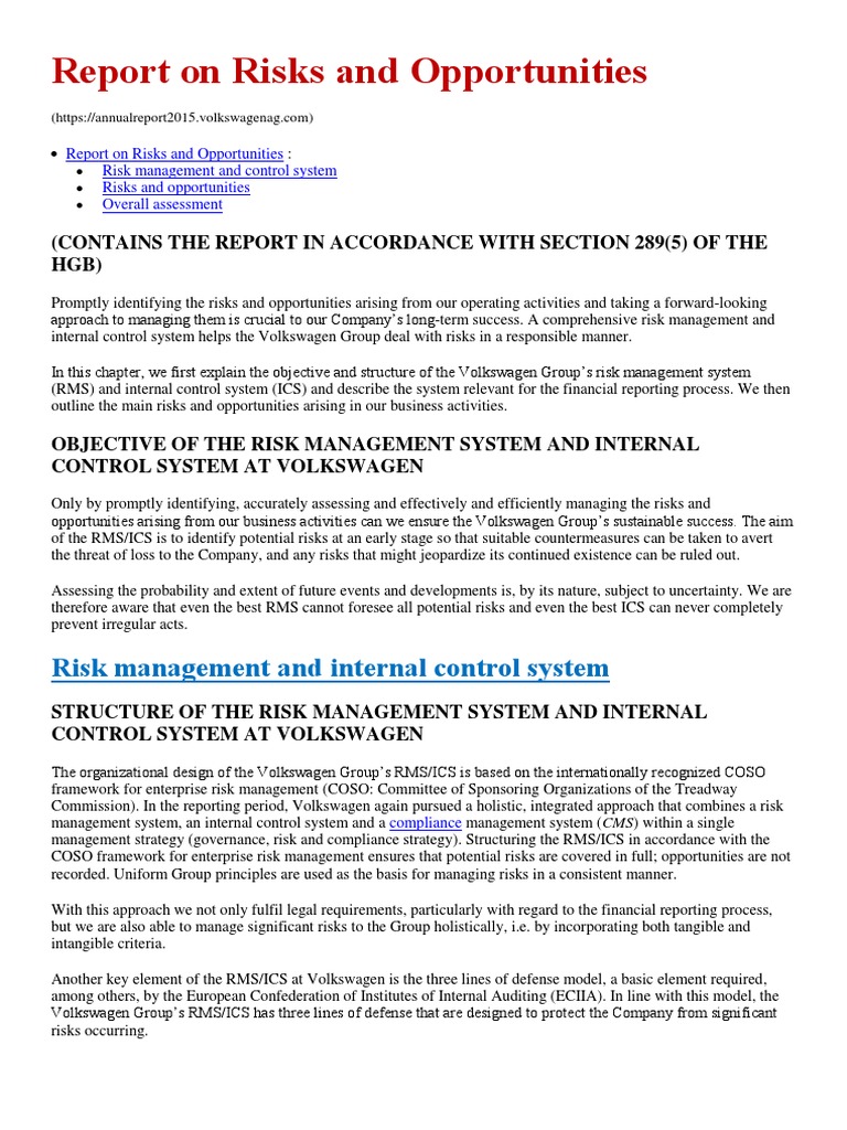 RISIKO VW Report On Risks and Opportunities | PDF | Audit | Risk Management