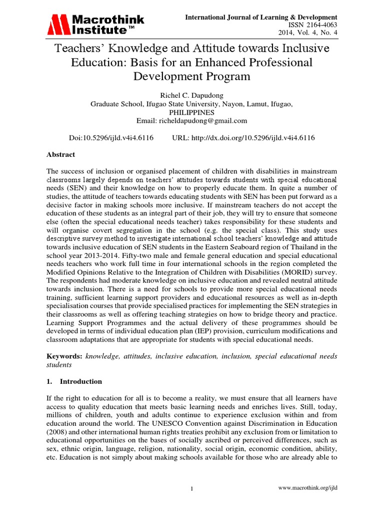 Teachers Knowledge Towards Inclusive Ed Pdf Pdf Inclusion
