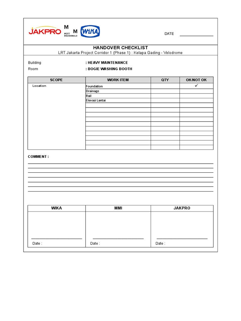 Handover Checklist: LRT Jakarta Project Corridor 1 (Phase 1) : Kelapa ...