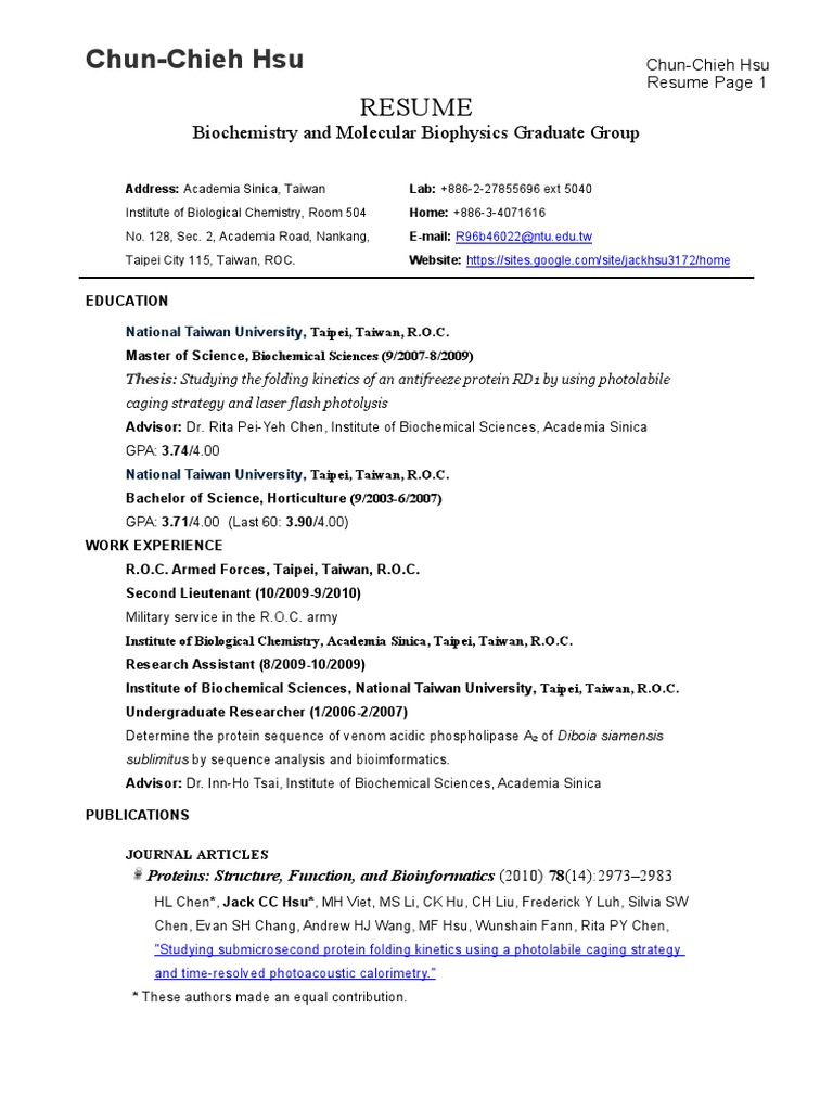 Chun-Chieh Hsu: Resume | PDF | Taiwan | Life Sciences