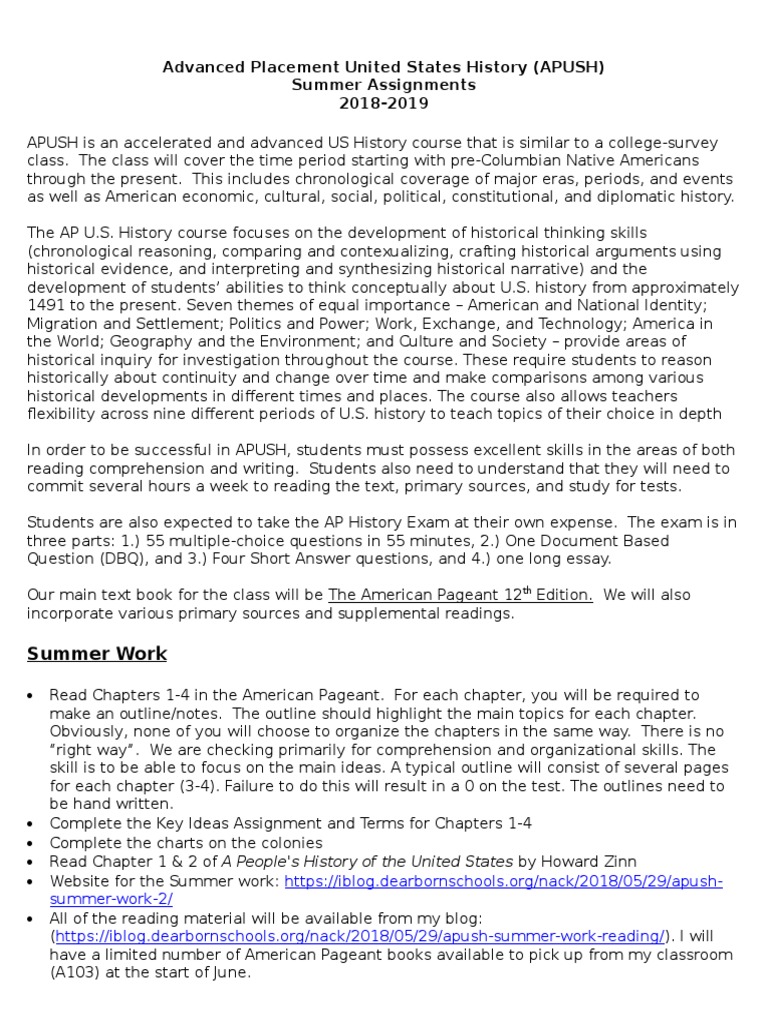 APUSH Summer Assignments 2018-2019 | PDF | New England | Slavery