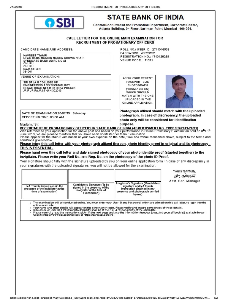 Sbi Mains Admit Card | PDF | Identity Document | Test (Assessment)
