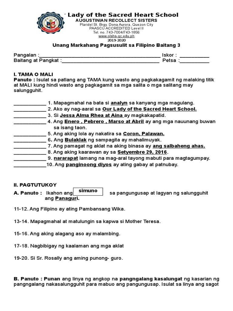 1st Quarter Test GRADE 3 | PDF