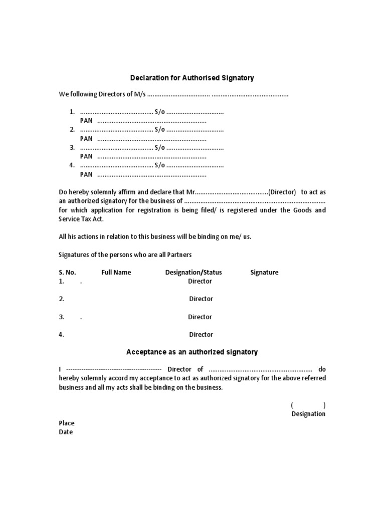 Authorized Signatory Declaration Template | PDF