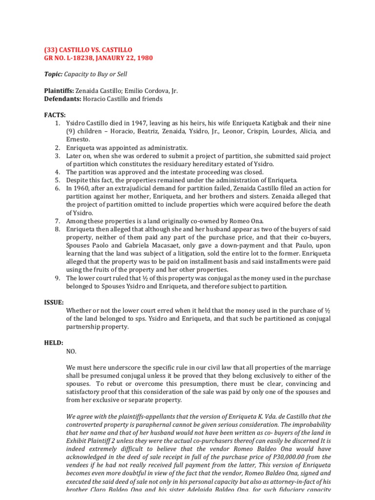 Castillo vs. Castillo Case Digest | PDF | Private Law | Virtue