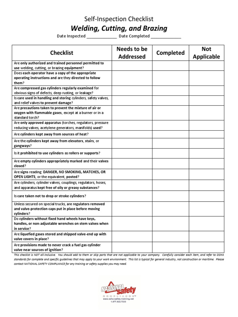 Safety Inspection Checklist for Welding, Cutting, and Brazing ...