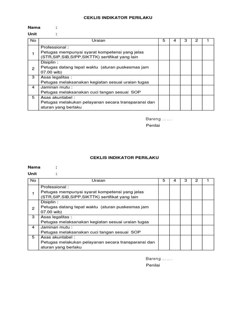Ceklis Indicator Perilaku | PDF