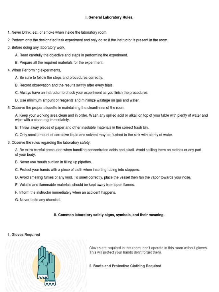 I. General Laboratory Rules.: 1. Gloves Required | PDF | Filtration ...