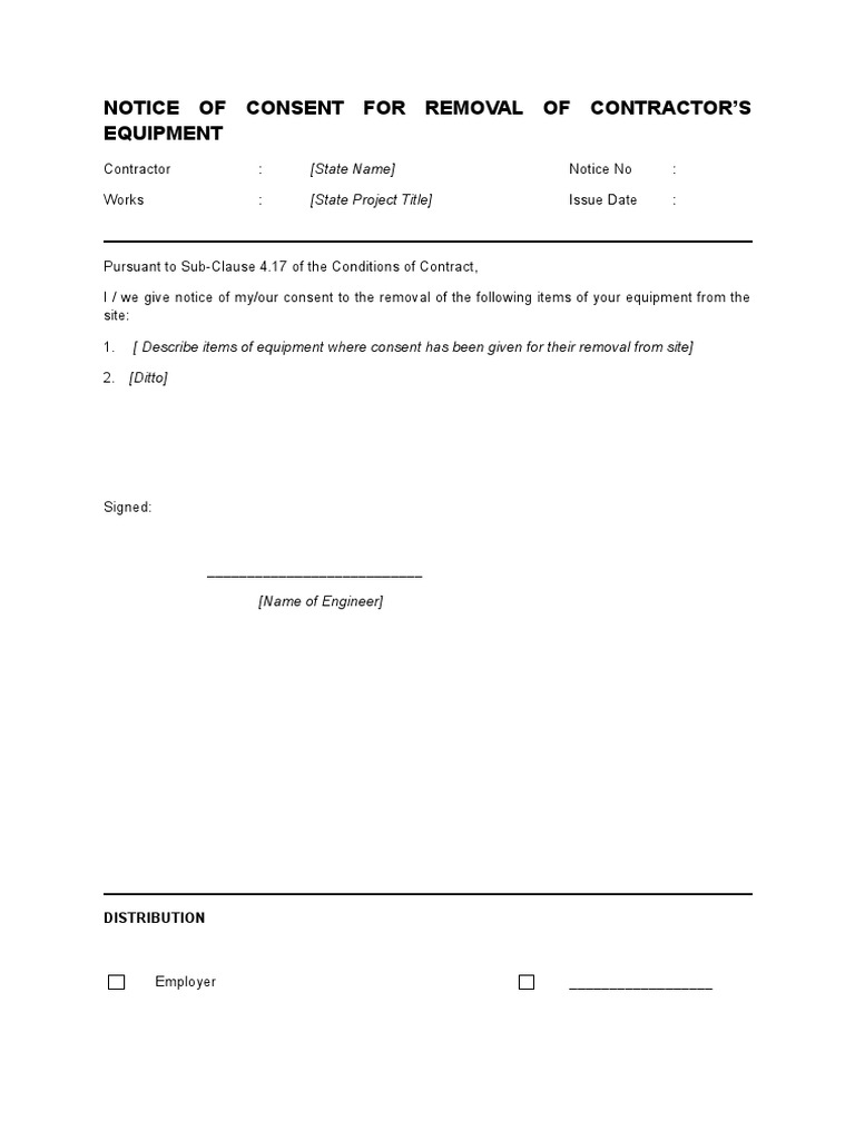 Sub-Clause 4.17 - Notice of Consent For Removal of Contractor's ...