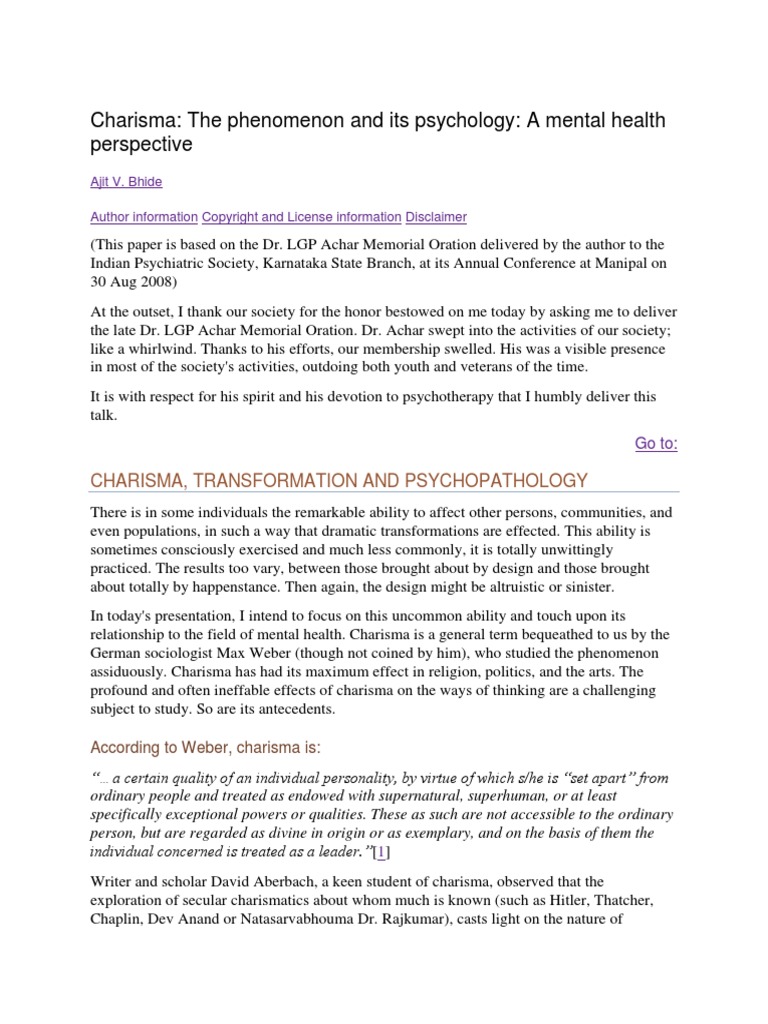 Charisma: The Phenomenon and Its Psychology: A Mental Health ...