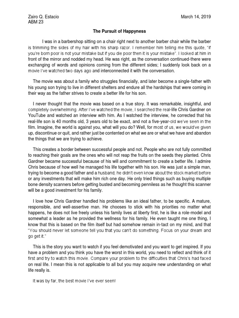 Pursuit of Happyness (Reflection) | PDF