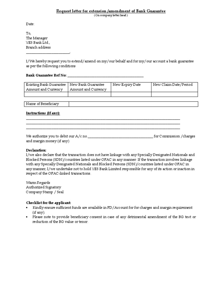 Request Letter For Extension or Amendment of Bank Guarantee | PDF