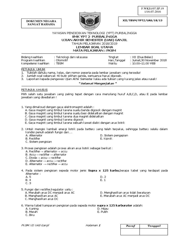Soal Utama Pilgan PKSM Kelas Xi TBSM | PDF | Metode & Bahan Ajar