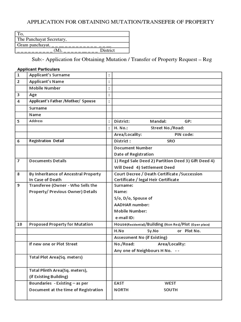Application For Obtaining Mutation/Transefer of Property | PDF | Deed ...