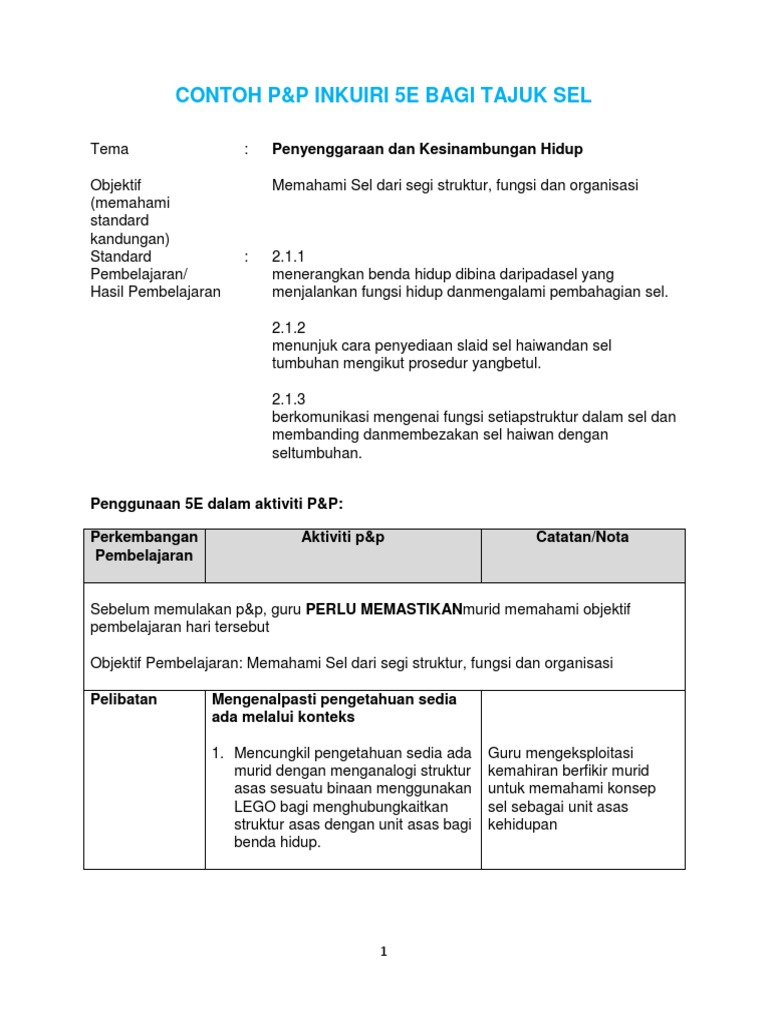 Contoh PDP Inkuiri 5E Bagi Tajuk Sel | PDF