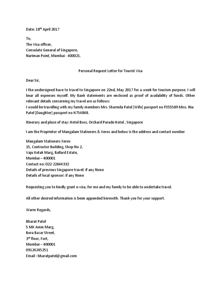 Singapore Visa Touist Covering Letter Format | PDF Singapore Visa Touist Covering Letter Format | PDF