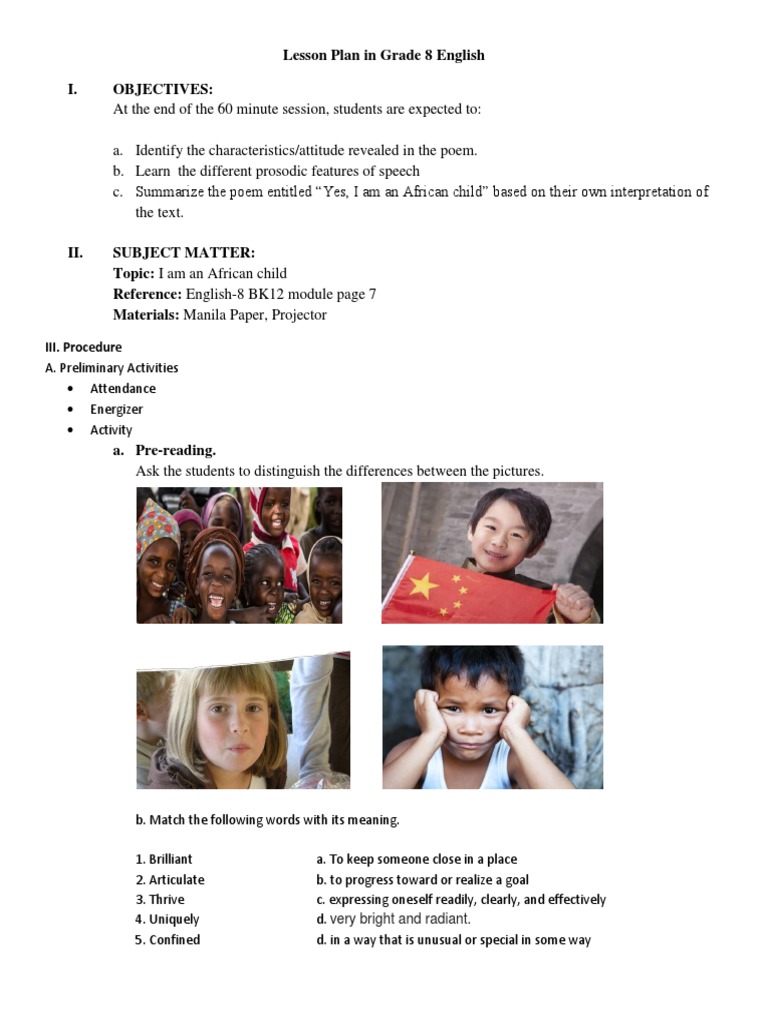 Lesson Plan in Grade 8 English I. Objectives:: III. Procedure | PDF ...