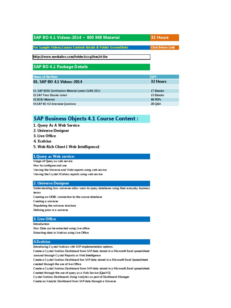 Sap Bo Course Document | PDF | Databases | Microsoft Excel