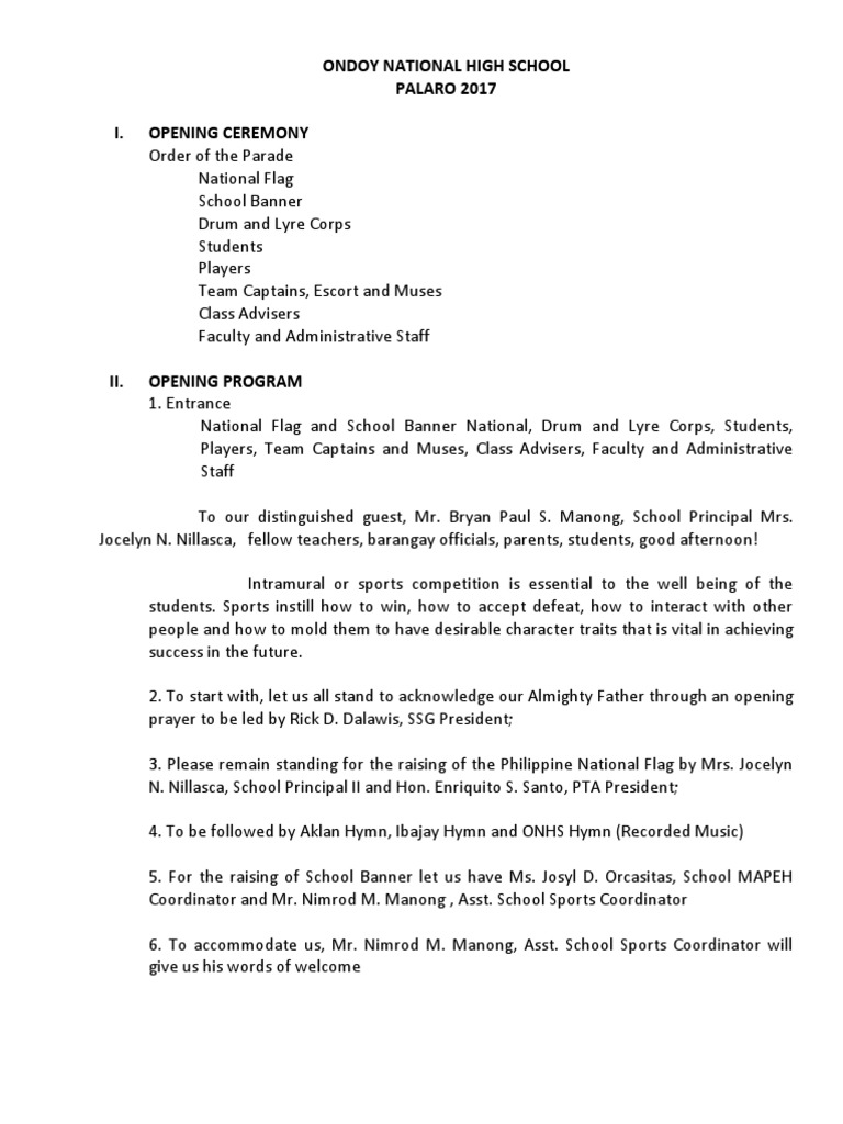 Ondoy National High School PALARO 2017 I. Opening Ceremony | PDF ...