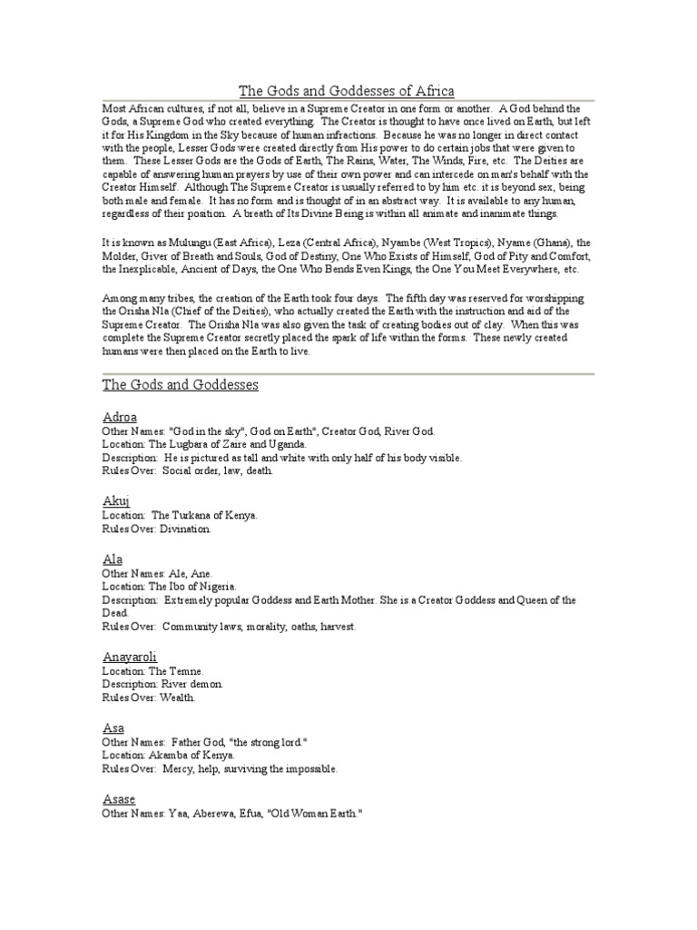 African Gods and Goddesses Overview | PDF | Deities | Creator Deity
