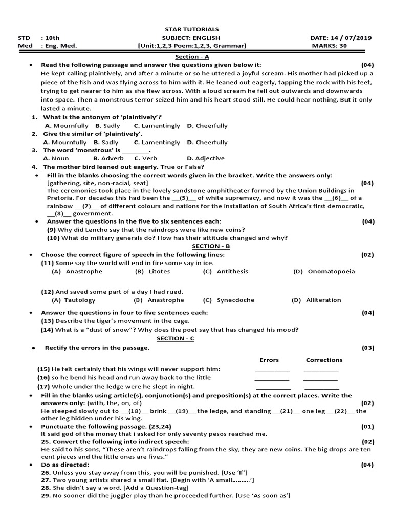 STD: 10th Subject: English DATE: 14 / 07/2019 Med: Eng. Med. (Unit:1,2 ...